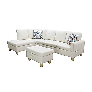 NOTOP 3-Piece Faux Leather L-Shaped Sectional Sofas, Button Tufted Upholstered Couch Set with Left Chaise Longue and Storage Ottoman, for Living Room, Home, Office,White