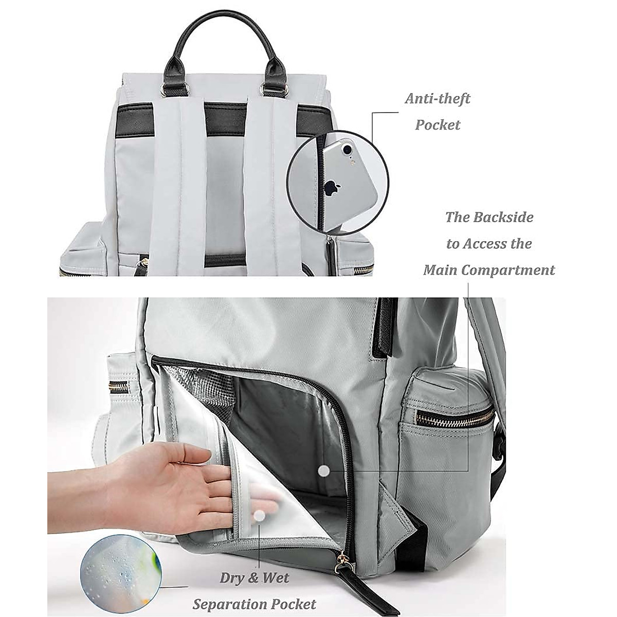 WALLOPTON Diaper Bag Backpack - Multi Function Backpack with Stroller Strap - Stylish Lightweight Large Capacity & Water Resistance - Baby Bag for girls & boys (Grey)