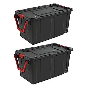 Sterilite 14699002 40 Gallon/151 Liter Wheeled Industrial Tote, Black Lid & Base w/ Racer Red Handle & Latches, 2-Pack