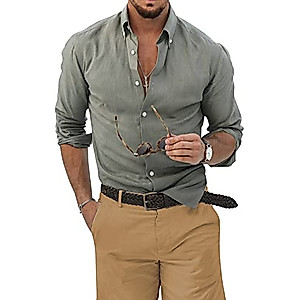 JMIERR Men's Cotton Linen Casual Stylish Button Down Shirt Long Sleeve Lightweight Dress Shirts Fashion Summer Beach Shirts Resort Wear,L,02 Green