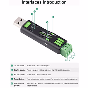waveshare USB to CAN Adapter Model A STM32 Chip Solution, CAN Baud Rate 5kbps~1Mbps is Configurable, Support Windows XP/7/8/10/11 and Linux Systems, Multiple Working Modes