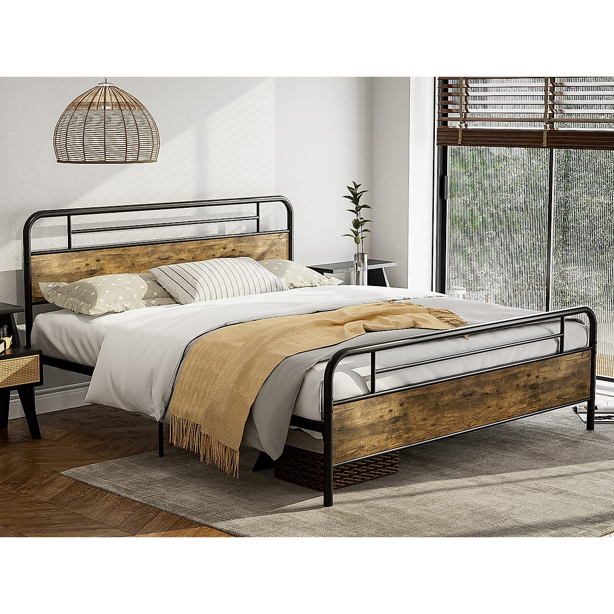 IKIFLY California King Bed Frames with Wood Headboard Footboard, Farmhouse Metal Cal King Platform Bed, Heavy Duty Steel Slats, 12" Under Bed Storage, Noise Free, No Box Spring Needed - Rustic Brown