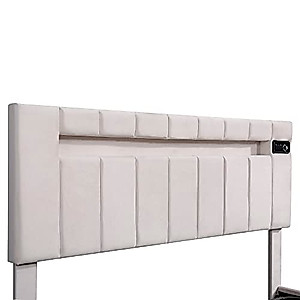 Full Size Upholstered Bed Frame with Lifting Storage, RGB LED Velvet Bed with USB Ports Headboard, Smart Platform Bed with Bluetooth Player, Hydraulic Lifting Under Bed Storage, Beige