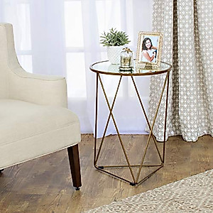HomePop Metal Accent Table Triangle Base Round Mirror Top, Gold