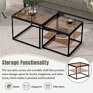 Modern Nested Coffee Table Set with High-Low Combination Design,Adjustable 2 Tier Living Room Center Table and end Table with Metal Frame and Brown Tempered Glass. (Black~Metal Frame)
