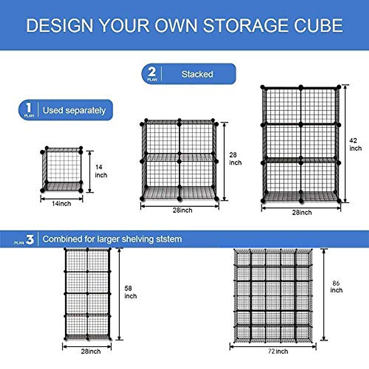 KOUSI DIY Wire Cube Storage, Modular Metal Shelf, Cubby Shelving, Stackable Grid Organizer, 30 Cube, Black