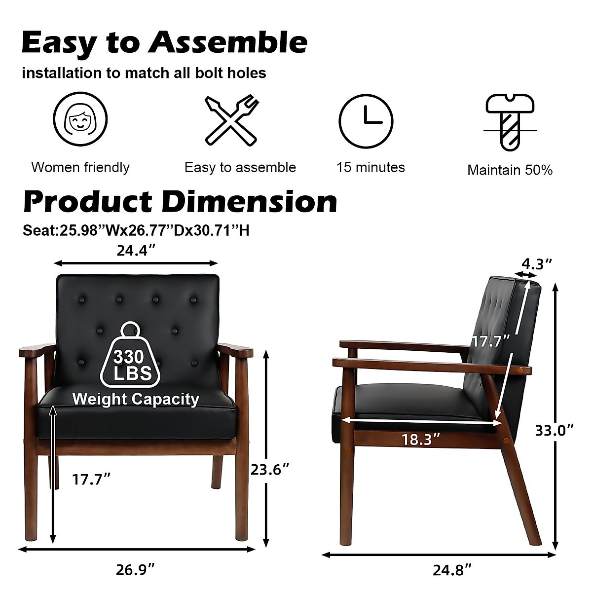 JIASTING Mid-Century Retro Modern Solid Wood Armrest Accent Chair, Faux Leather Tufted Back Upholstered Lounge Chairs, Living Room Furniture (Black 8325)