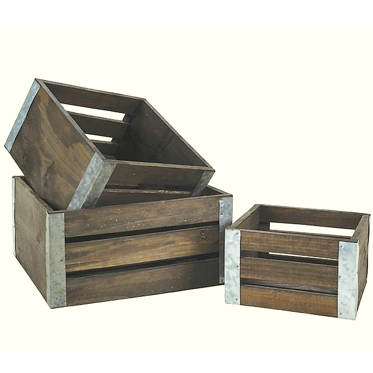 The Bridge Collection Rustic Wooden Crates with Metal Trim - Set of 3 - Decorative Storage Nesting Crates Wood - Square Apple Crates Organization Boxes for Home Decor