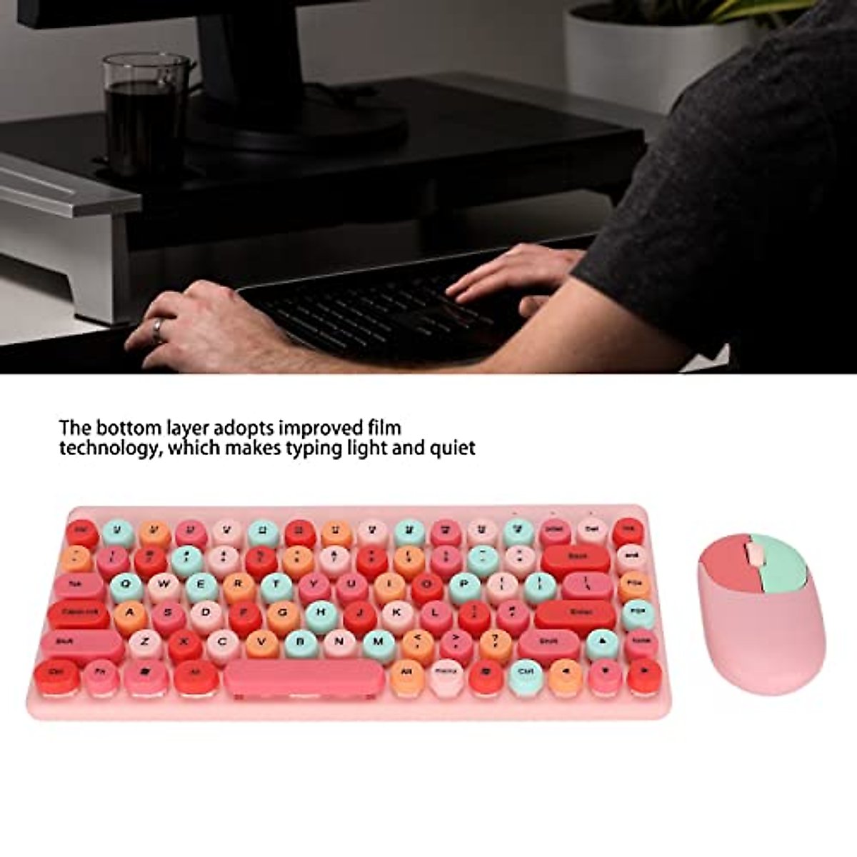 01 02 015 Gaming Keyboard Mouse, Wireless Light Quiet 86 Keys Save Space Keyboard Mouse Combo for Home for PC for Office(Pink Mixed Color)