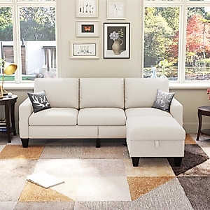 Lonkwa 78'' Convertible Sectional Sofa Couch, Beige 3 Seat L-Shaped Couch with Storage Ottoman, Modern Linen Fabric Couches for Living Room, Apartment, Office, Small Space