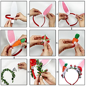Klever Kits 6 Packs Easter Bunny Headbands Craft Kits Easter Rabbit Bunny Ears Flower Crown Headbands for Kids, Make Your Own Headband for Girls Easter Arts & Crafts Party Supplies, Easter Decorations