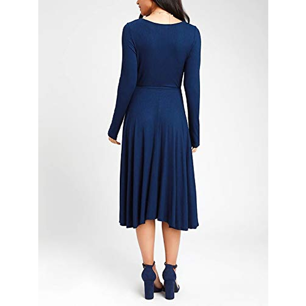 R.Vivimos Women Spring Autumn Long Sleeve Sweater Knitted Slim Elastic V Neck Sexy Midi Wrap Dresses （Large, Navy Blue）