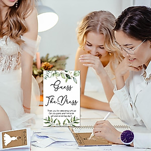 Seajan Guess The Dress Bridal Shower Game Wooden Game Sign Fun Bridal Shower Games Table Sign 50 Small Guessing Cards 50 Pencils for Guests Wedding Games Bachelorette Party Supplies (Green Leaves)