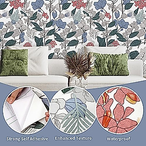 Floral Peel and Stick Wallpaper Boho Easy Peel off Wallpaper Blue Magnolia/Red Hydrangea/Grey Removable Bedroom Contact Paper Renter Friendly Self Adhesive Wallpaper with Knife Tape Measure 17.3"X118"