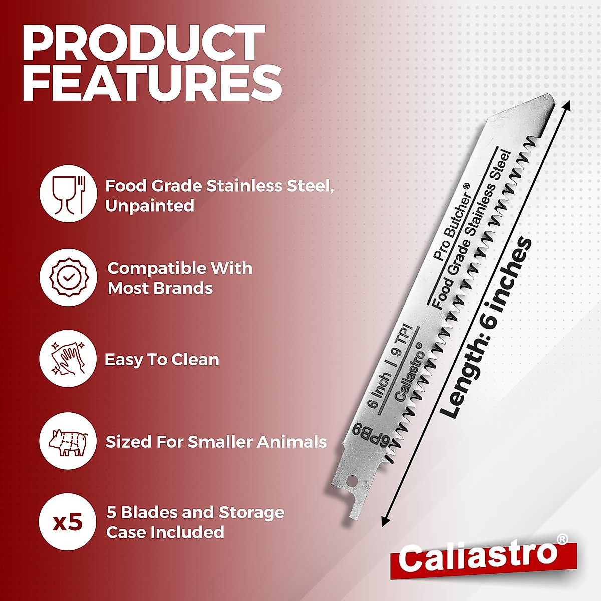 Caliastro 6-Inch Stainless Steel Frozen Meat Bone Cutting Saw Blades for Reciprocating and Sawzall Saws 5-Pack