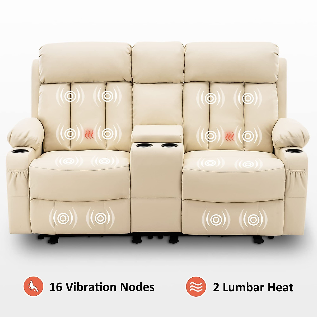 MCombo Electric Power Loveseat Recliner, Faux Leather Power Reclining Sofa with Heat and Massage, USB Ports, Cup Holders for Living Room 6095 (Cream White, Loveseat Recliner with Console)