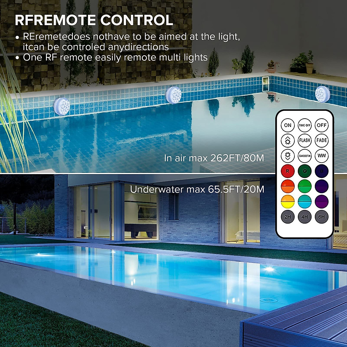 SANSI RGB Pool Lights with 16 Colors RF Remote, IP68 Waterproof Underwater Pond Lights with Magnet and Suction Cups, Tub Lights for Fish Tank Courtyard Inground Aboveground Pool Holiday Party, 2-Pack