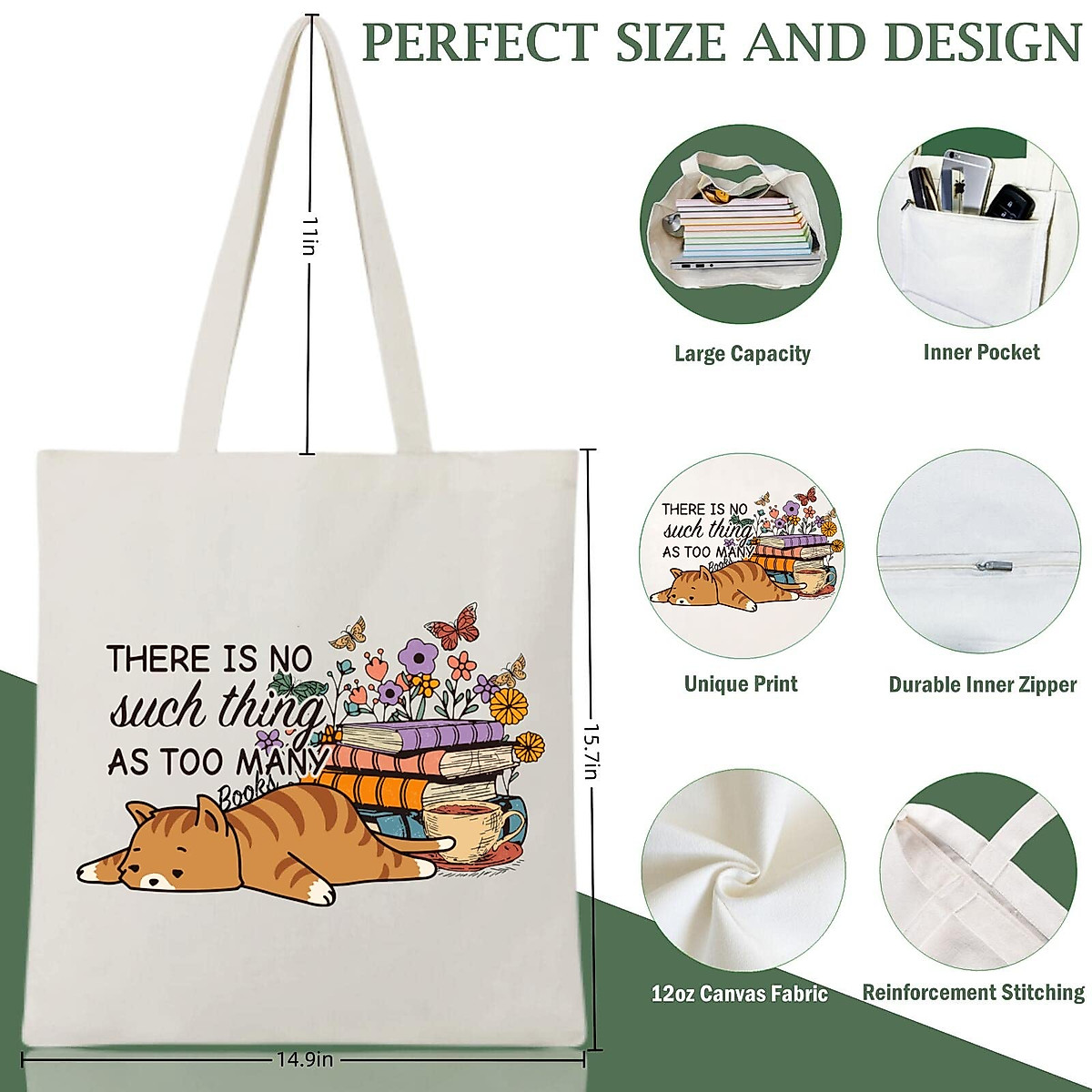 Andeiltech Canvas Tote Bag for Women Aesthetic Cute Cat Shopping Grocery Reusable Bags with Inner Zipper Women Gift