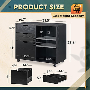 DEVAISE 3-Drawer Wood File Cabinet, Mobile Lateral Filing Cabinet, Printer Stand with Open Storage Shelves for Home Office, Black