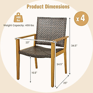 Tangkula Patio Dining Chairs Set of 4, Outdoor Acacia Wood & PE Wicker Chairs with Armrests, Outdoor Rattan Armchairs for Garden, Backyard, Poolside, Balcony (Mix Brown)