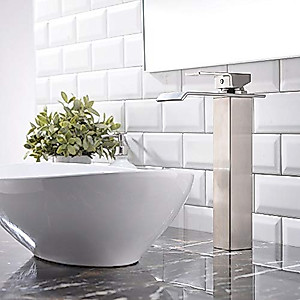 VESLA HOME Modern Single Handle Brushed Nickel Vessel Sink Faucet,Tall Wide Spout Waterfall Bathroom Faucet One Hole Above Counter Vanity Lavatory Sink Vessel Faucet