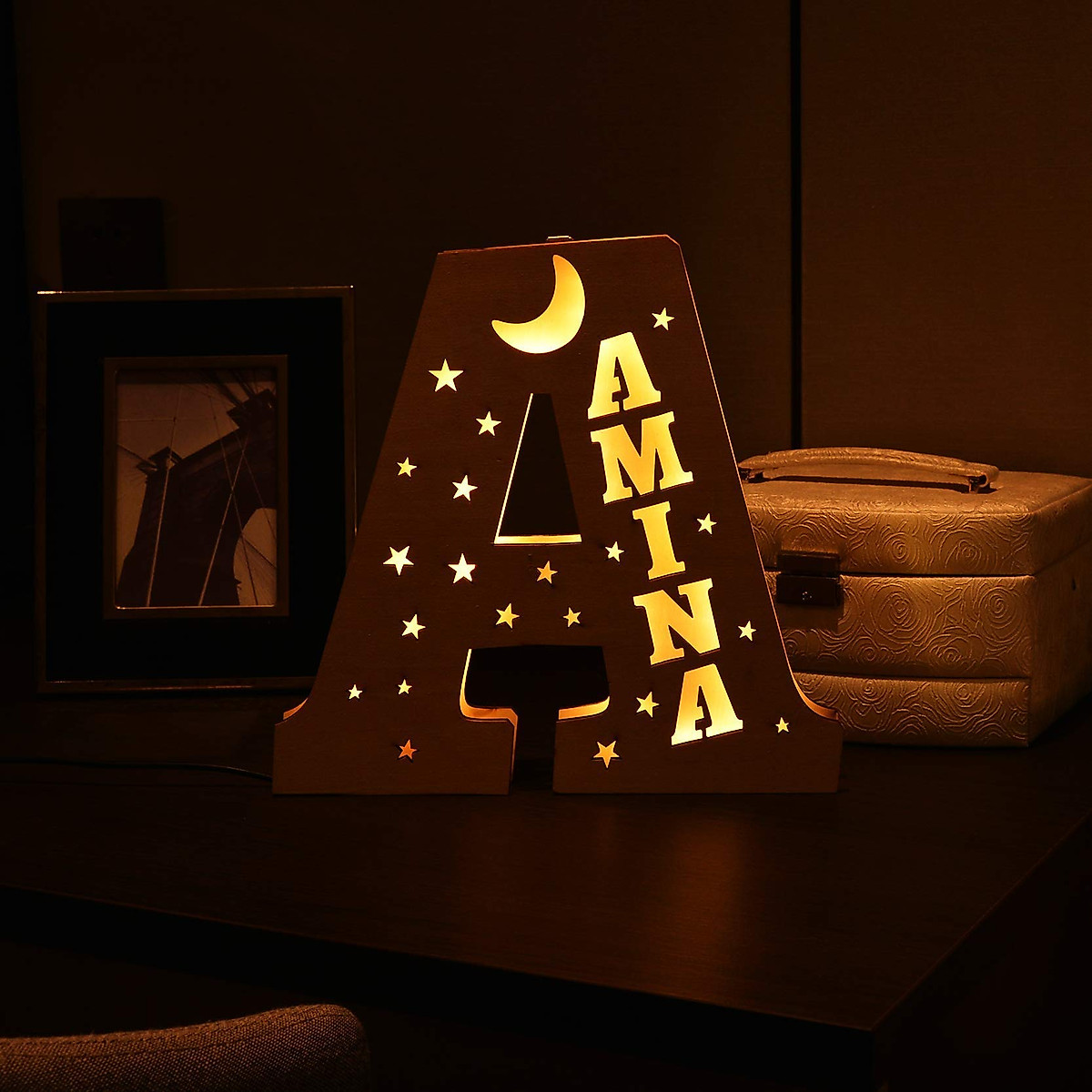 Name-Specific Wooden lamp Personalized Wood Letter Wall Light & Custom Sign Letters Wooden for Kids Room Wooden Children's Moon Stars Bedside lamp (Yellow)
