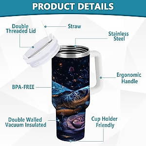 Slewiaeky Tumbler with Handle 40 oz Tortoise Turtle Skinny Travel Mug with Lid and Straw Ocean Stainless Steel Vacuum Insulated Water Bottle Cup for Iced Tea Coffee Cold Beverages Cup Holder Friendly