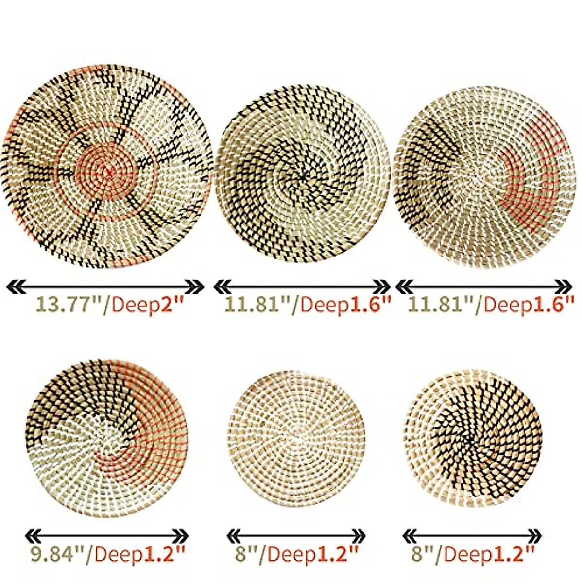 Hanging Woven Wall Basket Decor Set of 6 - Seagrass Wall Baskets Decor - Boho Rattan Home Room Decorative - Handmade Natural Round Wicker Basket，for Living Dining Room Kitchen Bedroom Unique Wall Art…