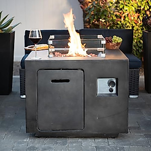 XBrand MgO & Metal 40,000 BTU Outdoor Propane Gas Smokeless Square Fire Pit Table with Volcanic Rocks & Rain Cover, 30 inch Wide, Gray