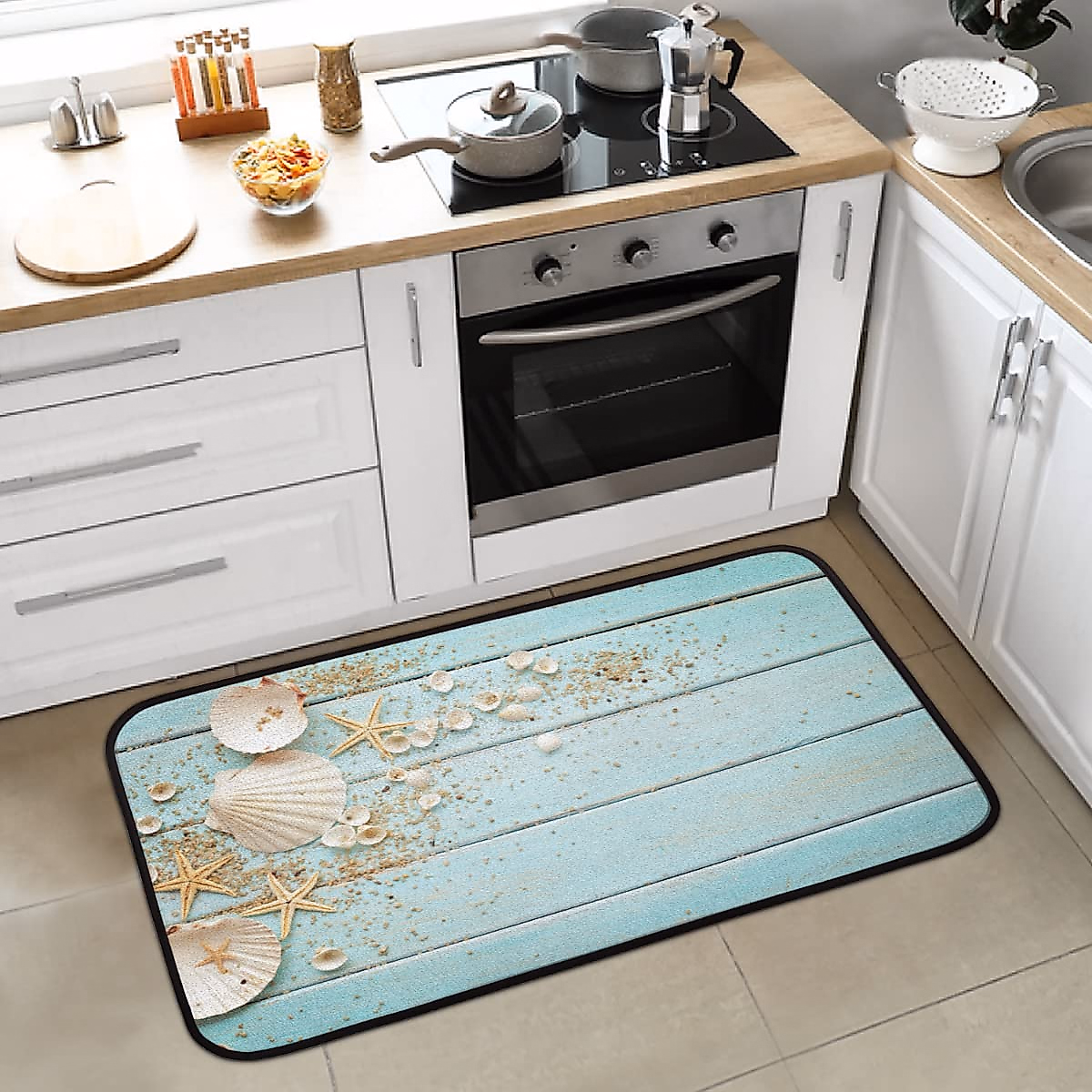 Beach Kitchen Mat, Sea Ocean Seashell Starfish Kitchen Rug Anti Fatigue Memory Foam Floor Mat Non-Slip Cushioned Absorbent Kitchen Runner for Bathroom Entryway Hallway Farmhouse Dining Room 39x20 in