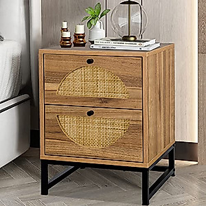 Recaceik Ratten NightStand, Natural End/Bedside Table Cabinet with 2 Ratten Drawers Storage and Metal Legs, Rustic Shelf Bedside End Side Accent Table for Living Room, Bed Room…