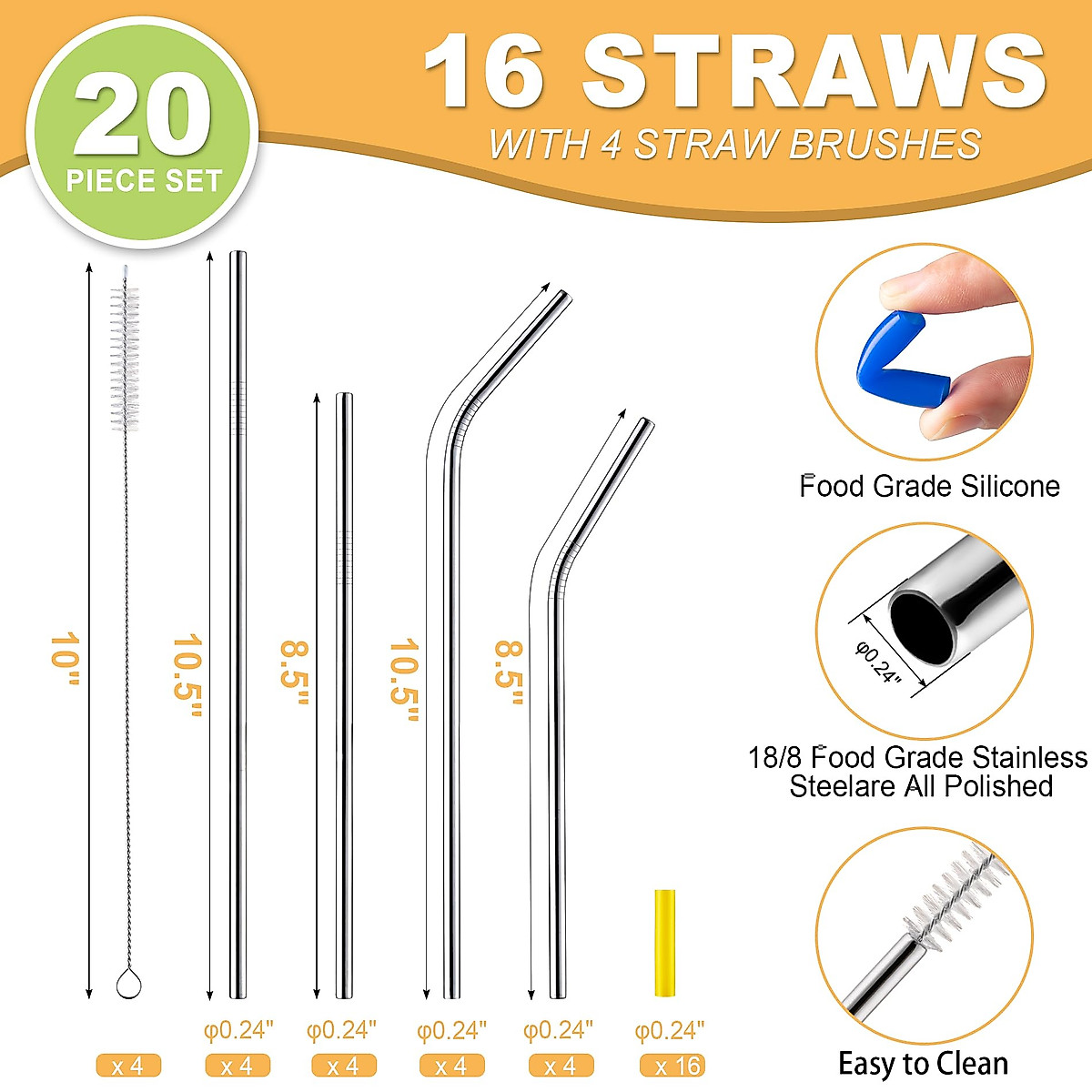 Reusable Stainless Steel Straws -16 Pack 10.5" & 8.5" Reusable Straws with 4 Straw Cleaner Brush and 16 Silicone Tips with 1 Travel Case, Eco Friendly Extra Long Metal Straws for 20 24 30 oz Tumbler
