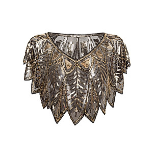 BABEYOND 1920s Shawl Wraps Sequin Beaded Evening Cape Bridal Shawl (Black Gold)