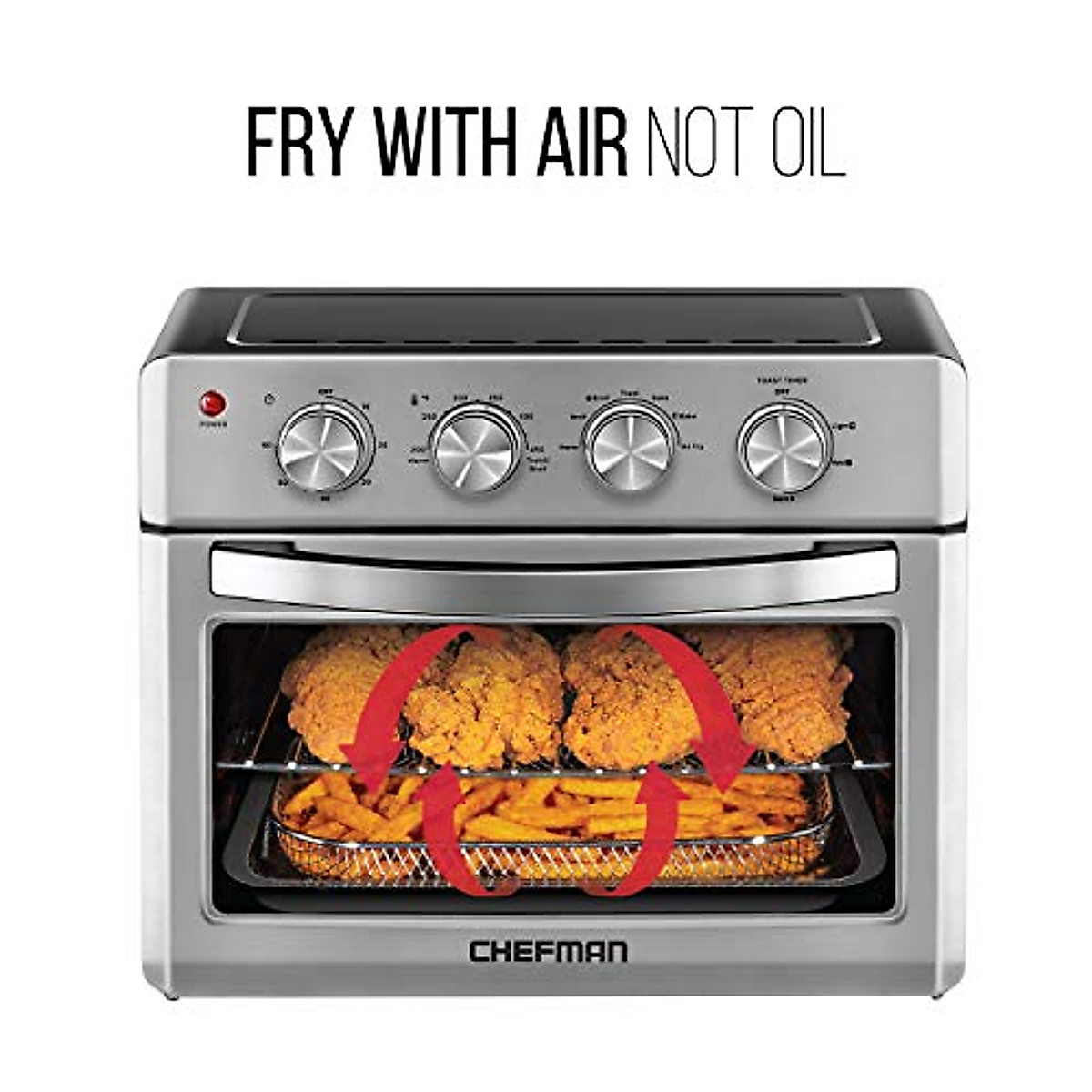 Chefman Air Fryer Toaster Oven, 6 Slice, 26 QT Convection AirFryer w/ Auto Shut-Off, 60 Min Timer; Roast, Bake, Fry Oil-Free, Nonstick Interior, Accessories & Cookbook Included, Stainless Steel/Black