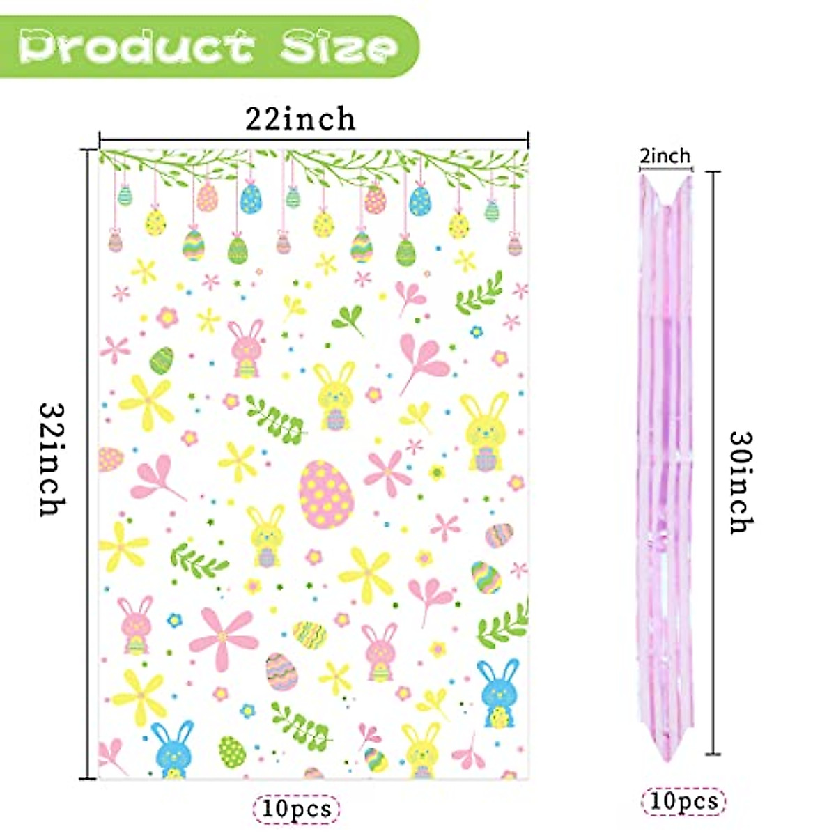 WeDoSoy 10 Pack Easter Basket Bags, Large Cellophane Bags, 22x32 Inches Cello Basket Bags Easter Eggs Bunny Wrap Bags with 10 Pieces Pull Bow, Cellophane Wrapping for Gift Packaging Party Decorations