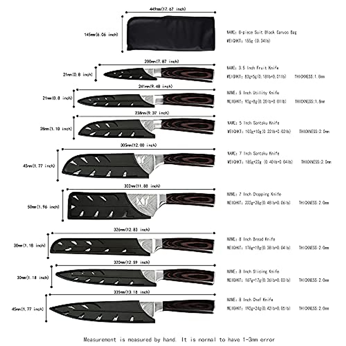 XYJ Professional Kitchen Knife Set Vein Pattern 8" 7" 5" 3.5" Chef Knives Set With Carry Case Bag & Sheath 8 Pieces Cooking Knife Tools (Coffee)