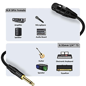 DREMAKE 20FT XLR to TS 6.35mm (1/4 Inch) Mic Cable, XLR 3Pin to Quarter Inch Audio Cord, Mono 6.35mm 1/4 Inch TS Male to XLR Female Unbalance Interconnect Cable for Microphone Console Guitar Mixer AMP