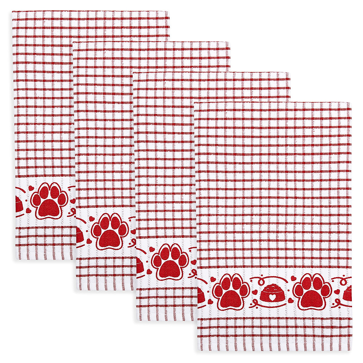 Cackleberry Home Paw Prints Terrycloth Kitchen Towels Windowpane Check Fabric, Set of 4 (Red)
