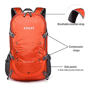vimapo Lightweight Foldable Hiking Backpack 40L, Ripstop Nylon Packable Travel Daypack, Collapsible Backpack For Traveling Hiking Camping Touring(Orange)