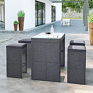 5-Piece Outdoor Patio Wicker Bar Set, Garden PE Rattan Wicker Dining Table, Square Stool Set, Glass Tabletop, High-Dining Bistro Set with 4 Stools and 1 Wood Table (Grey2-5PCS)