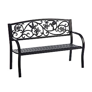 Plow & Hearth Black Metal Hummingbird Garden Bench for Patio, Yard and Garden with Detailed Decorative Back Design Featuring Birds, Vines and Flowers, 50" W x 19½"D x 34½"H