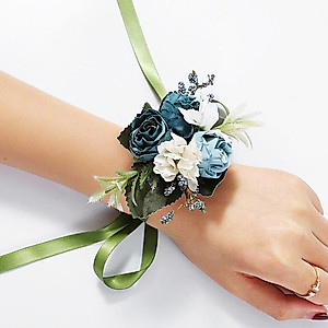 Yean Rose Bride Wedding Wrist Corsage Bridal Hand Flowers Wristlet Bridesmaid Ribbon Corsages Accessories for Women and Girls (Blue)