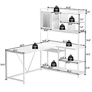 SEDETA L Shaped Computer Desk, 58'' Office Desk with LED Light and Bookshelf, L Shaped Corner Desk with Storage Shelves for Home Office, Gaming Desk, L Desk, White