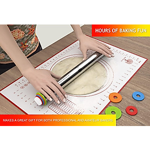 Rolling Pin And Silicone Baking Pastry Mat Set - Rolling Pins With Adjustable Thickness Rings - Stainless Steel Dough Roller For Baking Fondant, Pizza, Pie, Pastry, Pasta, Cookies With Red Mat