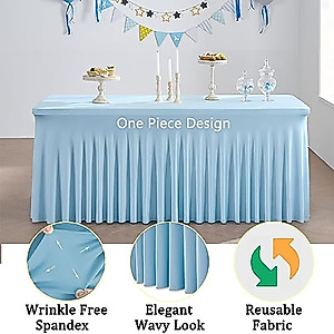 Htper Spandex Baby Blue Table Clothes for 8 Foot Rectangle Tables, Wrinkle Free Table Cloth 8ft Stretchy Tablecloths with Skirt for Parties Weddings Birthday Banquet Baby Shower, 1 Pack