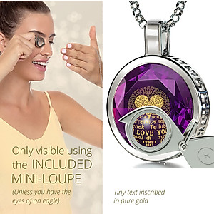 NanoStyle 925 Sterling Silver I Love You Necklace Pure Gold Inscribed in 120 Languages Including on Round Cut Dark Purple Cubic Zirconia Gemstone Anniversary Birthday Gift Pendant for Wife, 18" Chain