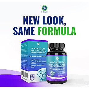 1 Body Magnesium Bisglycinate Supplement, 44 mg Pure Chelated Formula, 120 Capsules, Maximum Absorption, Muscle Cramp Relief