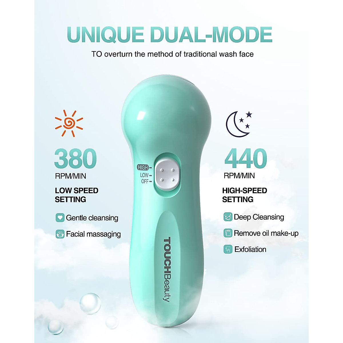 TOUCHBeauty Portable Facial Brush Set with Case & 3 Spin Brush Heads, 0.055mm Deep Pores Cleansing Bristle, Soft Silicone Massager Brush Face Exfoliator Brushes, Mini Travel Size Battery Powered