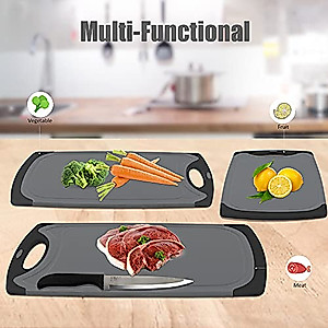 ZVP Extra Large Cutting Board for Kitchen Set of 4, Plastic Chopping Boards with Knife, Easy Grip Handle, Juice Groove, BPA Free, Dishwasher Safe, Non Slip, Non Porous, Gray Black