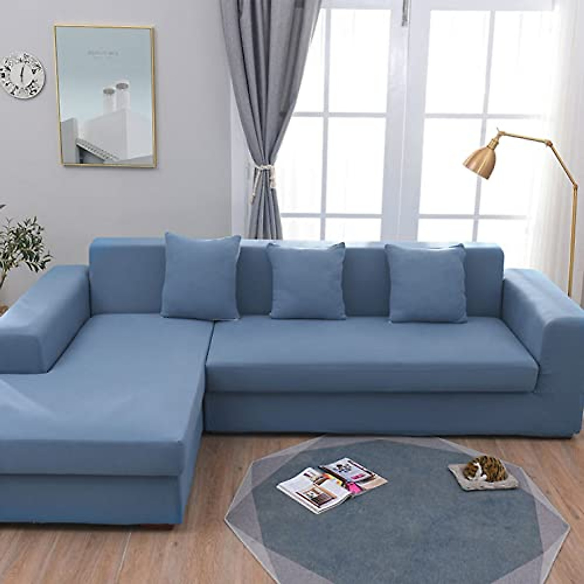 IMYOGI High Stretch Sofa Covers High Stretch Sofa Slipcovers L Shape Solid Color Sofa Cover Stylish Non Slip Couch Covers Furniture Protector for Kids Pets Living Room -blue-1-4 Seater+4 Seater